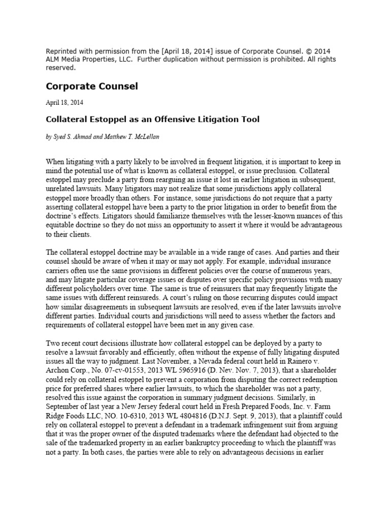 Offensive Collateral Estoppel Insights | PDF | Collateral Estoppel ...