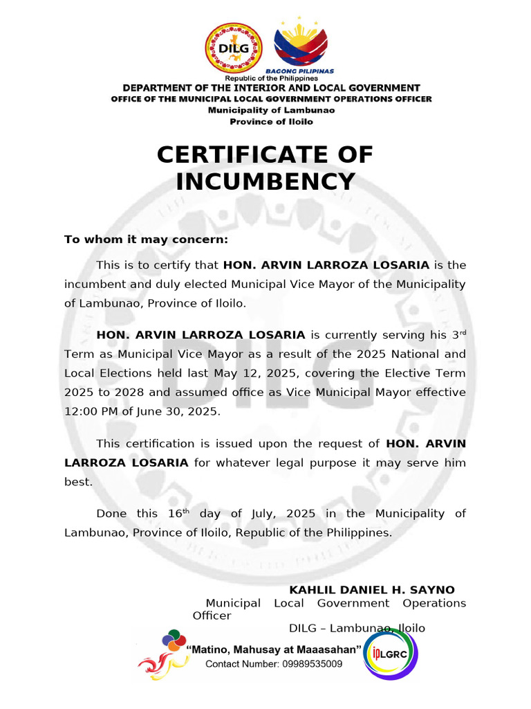 Certificate of Incumbency (16 July 25) VM Arvin | PDF