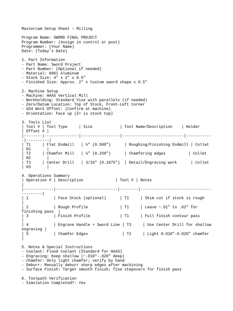 Sword Project Setup Sheet | PDF