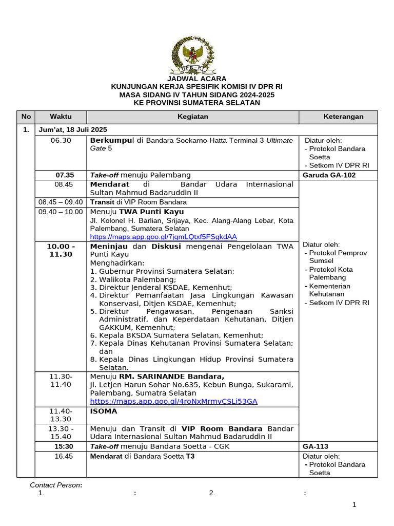 Rencana Jadwal Kunjungan Kerja Spesifik Kom - IV DPR RI Ke Prov ...