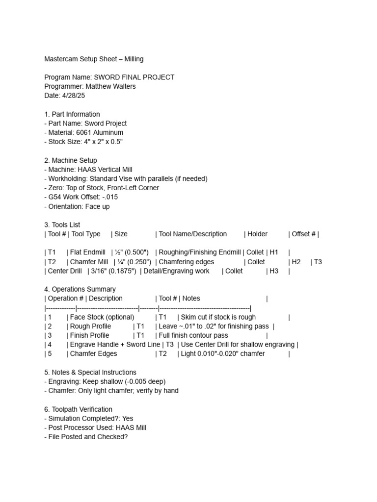 Mastercam Milling Setup Sheet | PDF
