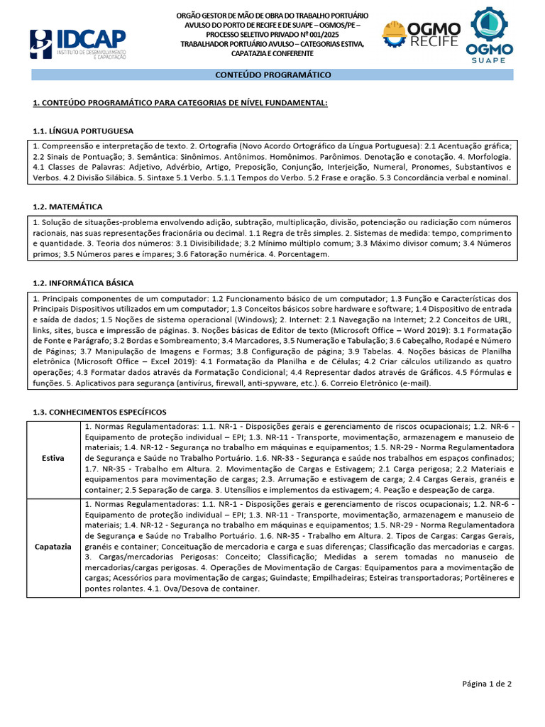 Processo Seletivo OGMOS/PE 2025 | PDF | Microsoft Excel | Classe gramatical