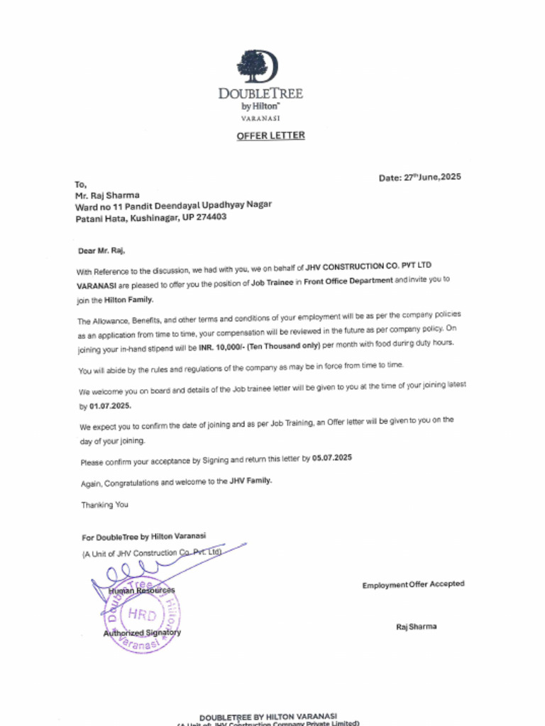 Raj Sharma Offer Letter | PDF