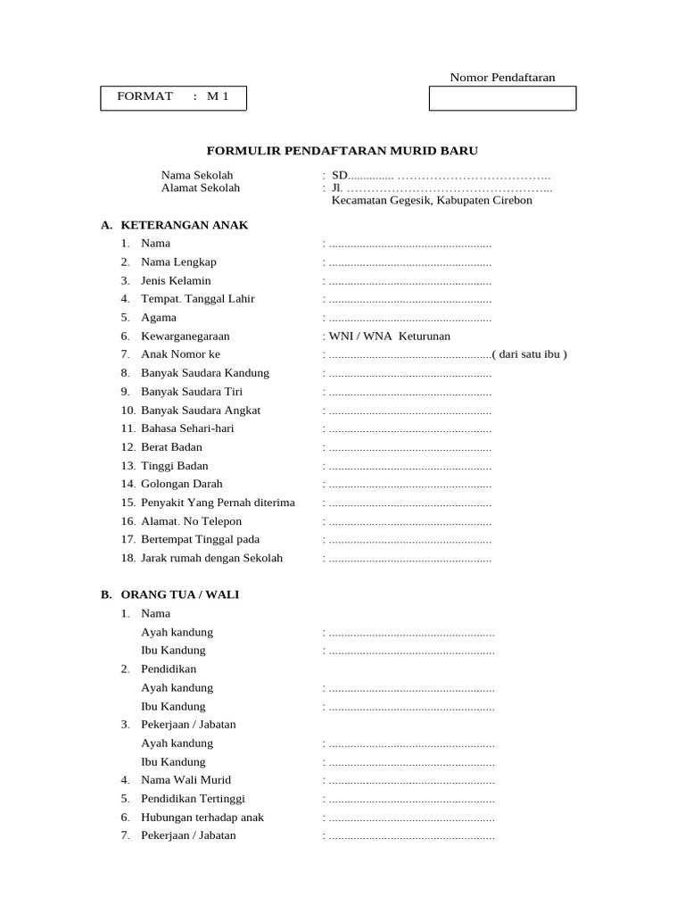 Format - Formulir Pendaftaran Murid Baru M 1, m2 Dan m3 | PDF
