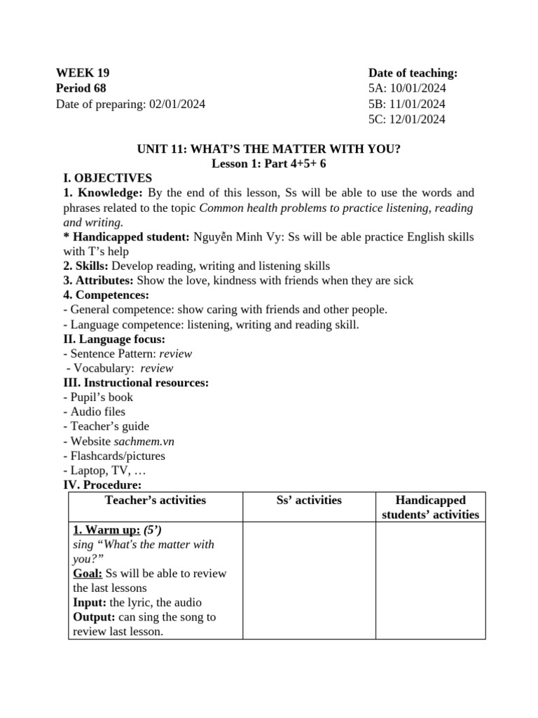 Tieng Anh Lop 5 - Tiet 68 - Unit 11 - What's The Matter With You ...