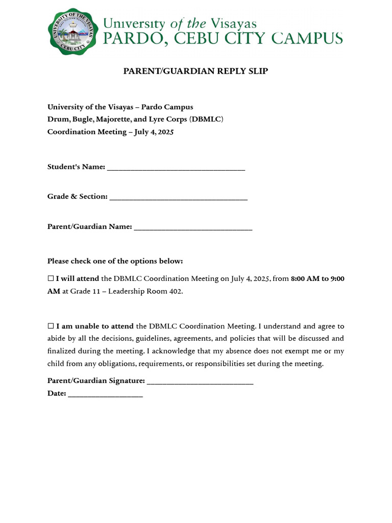 DBMLC Meeting Reply Slip | PDF