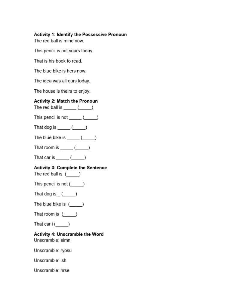 Possessive Pronouns Sentences Activities Grade1 | PDF