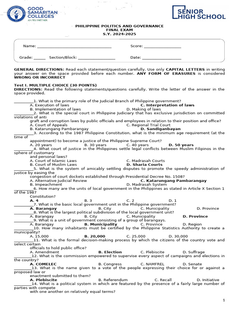 Final Exam Pol Gov With Answer Key | PDF | Elections | Justice