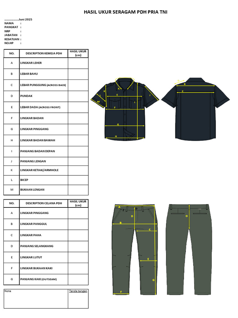 Form Ukur Seragam PDH Pria Tni | PDF