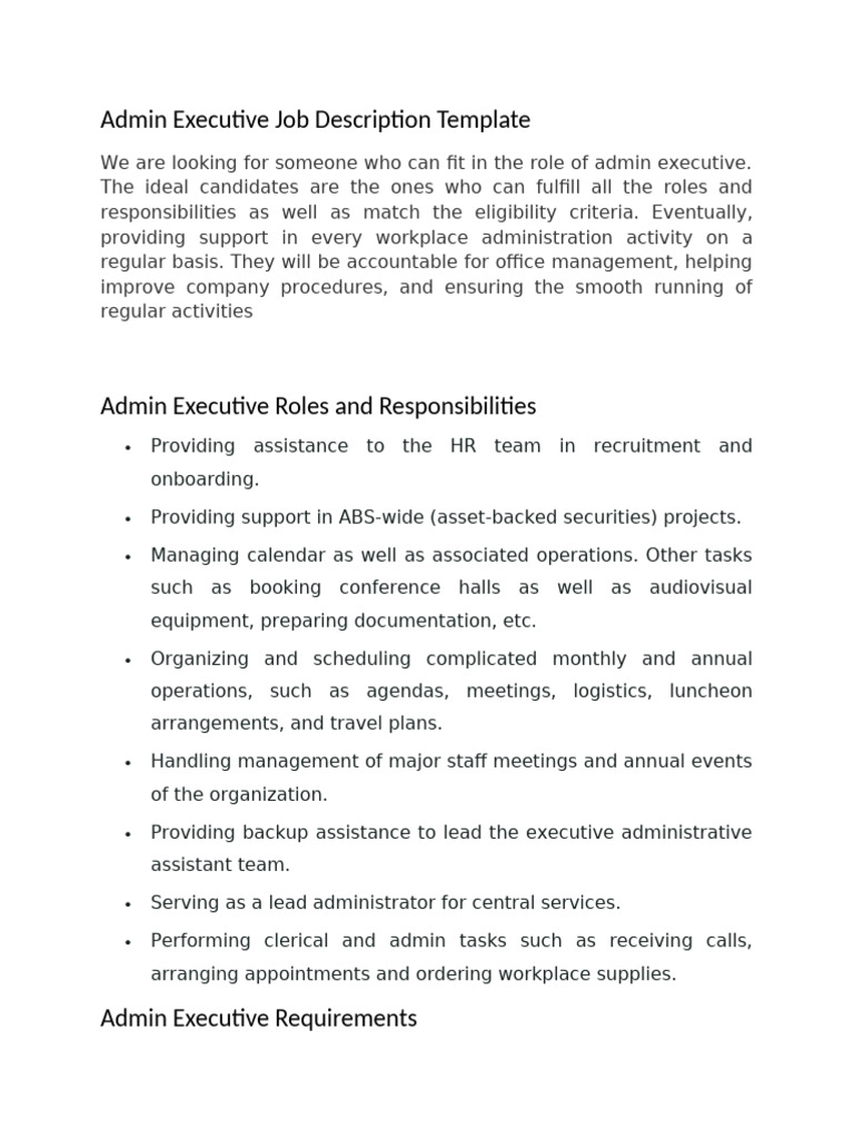 Admin Executive Job Description Overview | PDF