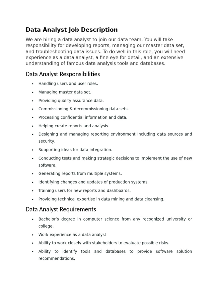 Data Analyst Job Description Overview | PDF
