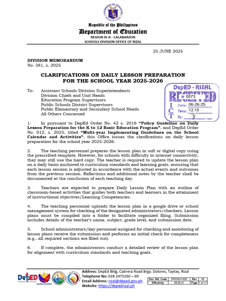Division Memorandum No. 381, S. 2025 Ooo | PDF | Lesson Plan | Teachers
