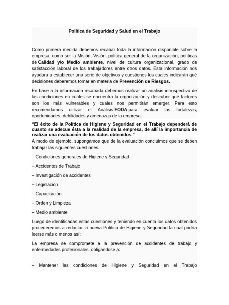 Como Elaborar Una Plotica SST | PDF | Seguridad y salud ocupacional ...