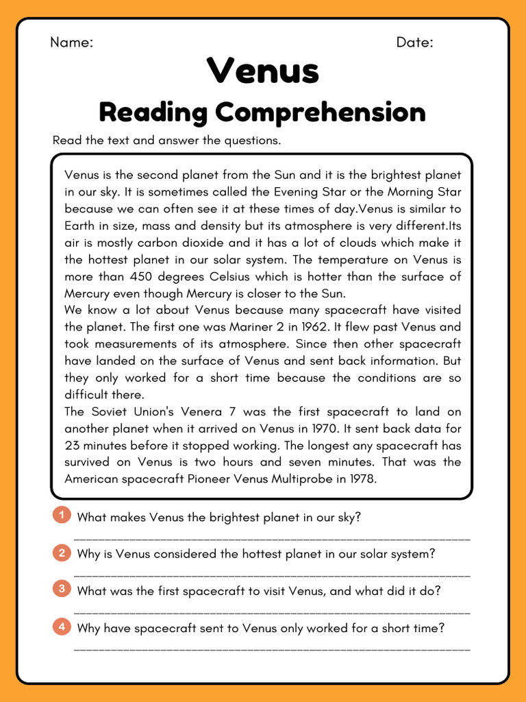 Venus Reading Comprehension Exercise | PDF