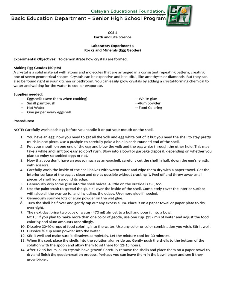 LAB EXPERIMENT 2 - Types of Solids | PDF | Crystal | Egg