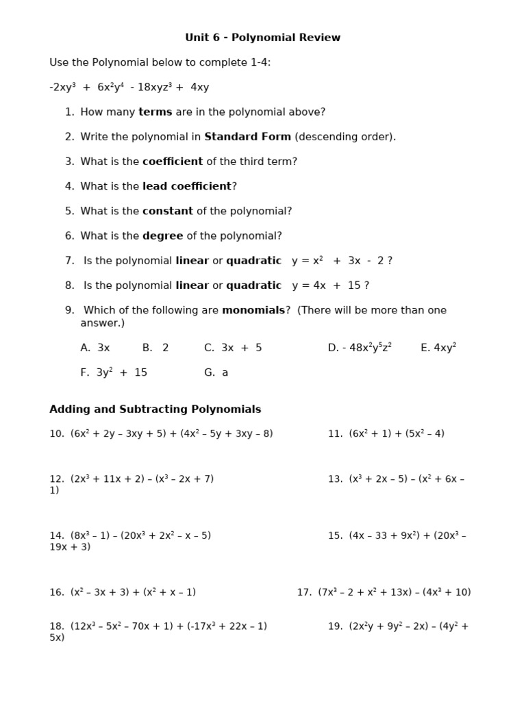 Unit 6 Polynomial Review Pdf Area Polynomial