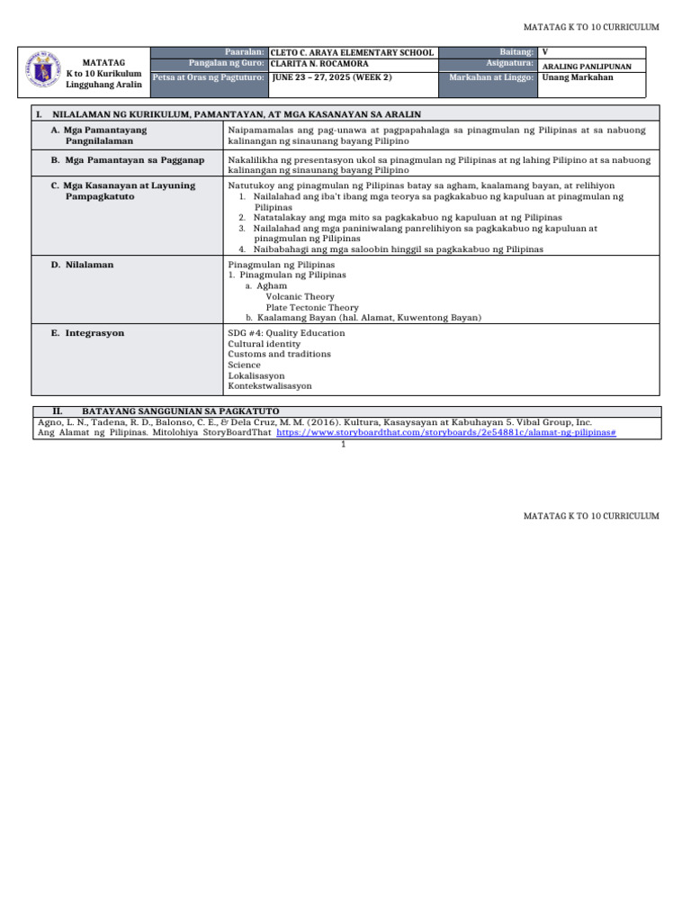 DLL Matatag - Araling Panlipunan 5 q1 w2 | PDF
