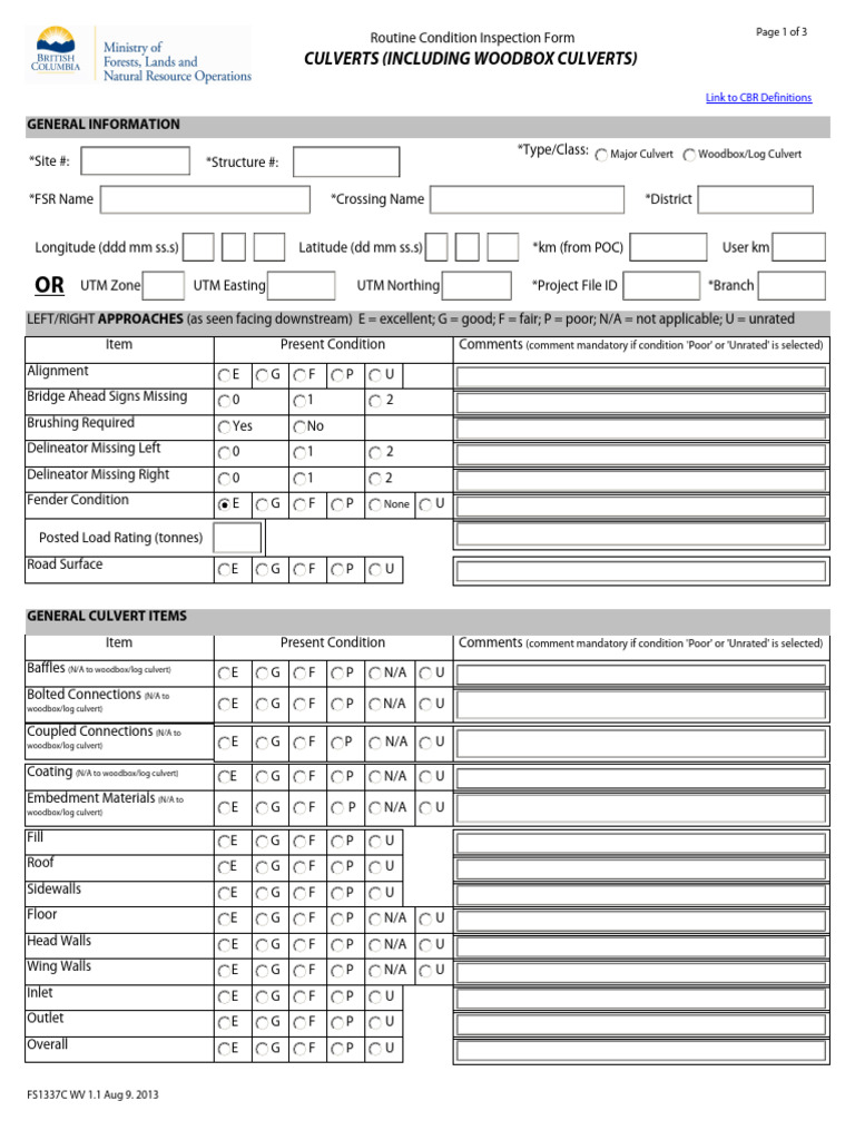 Fs1337c-Routine Condition Inspection Form For Culverts | PDF