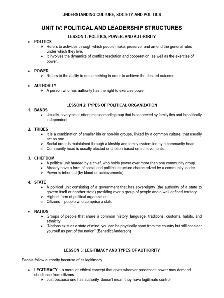 (Unit IV) Political and Leadership Structures | PDF | Charisma | Social ...