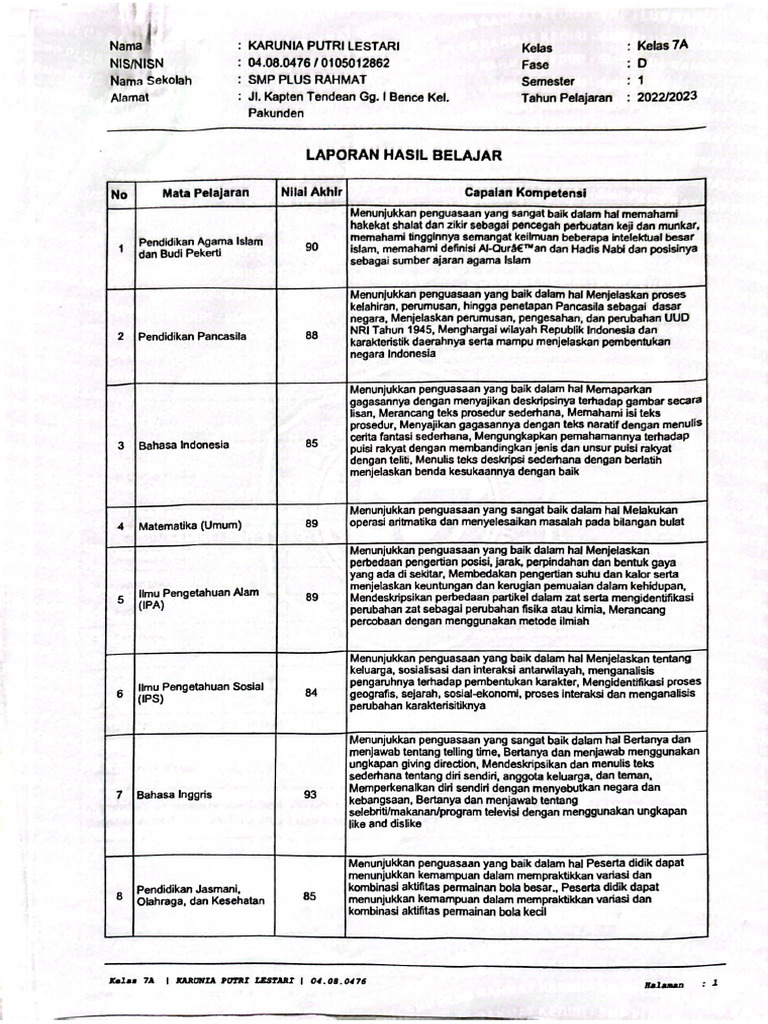 Rapot Kelas 7 Semester 1 | PDF