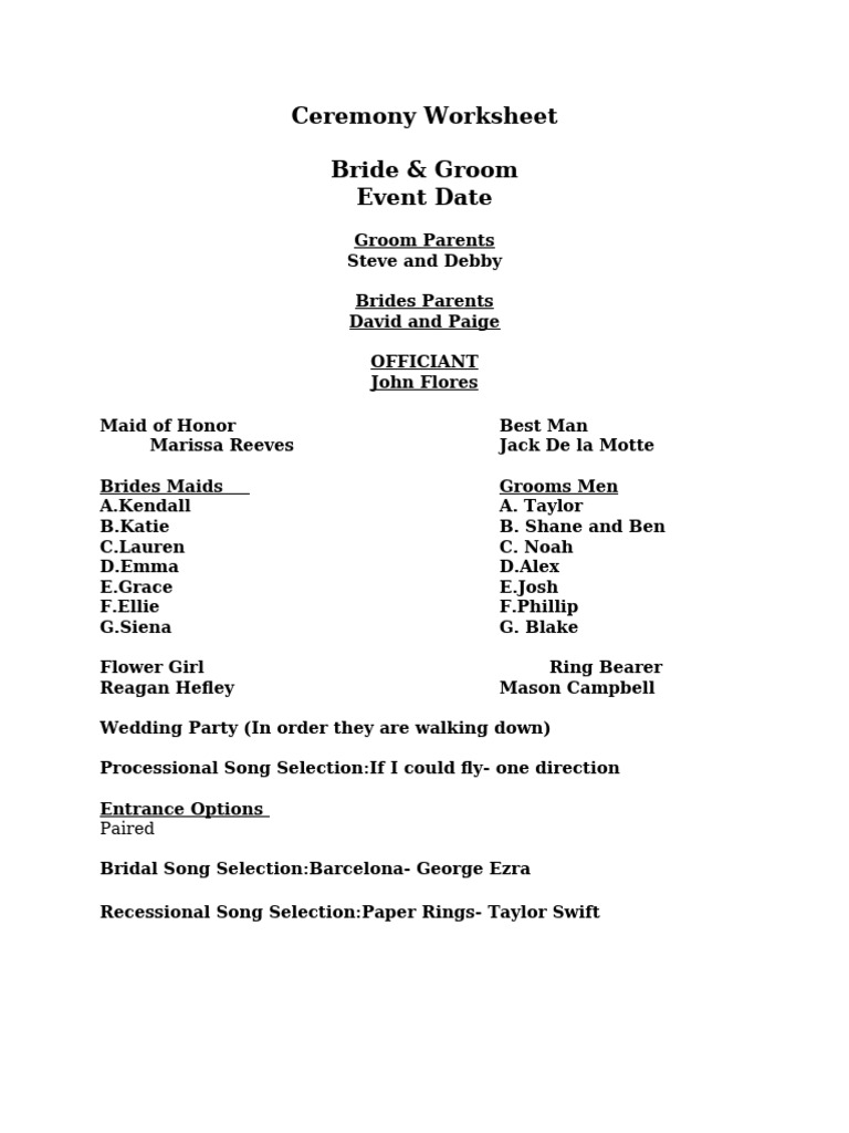 Wedding Ceremony Planning Worksheet | PDF