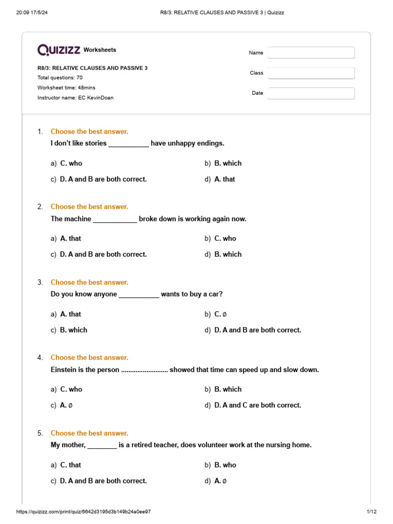 r8 - 3 - Relative Clauses and Passive 3 - Quizizz | PDF | Sentence ...