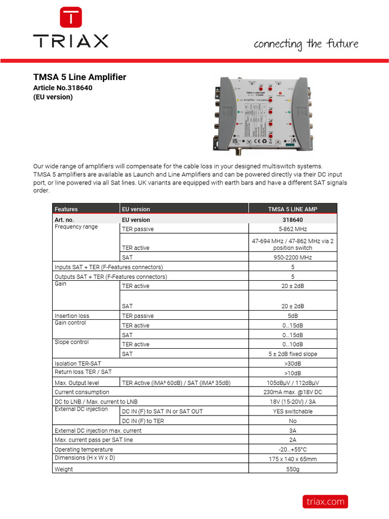 TRIAX Data Sheet 318640 TMSA 5 Line Amp Lqjxnu | PDF | Amplifier ...