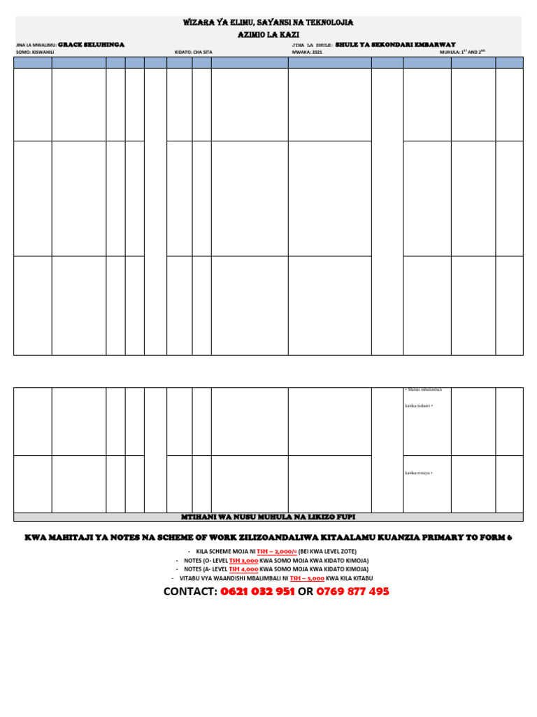 Scheme Kiswahili Form 6 | PDF