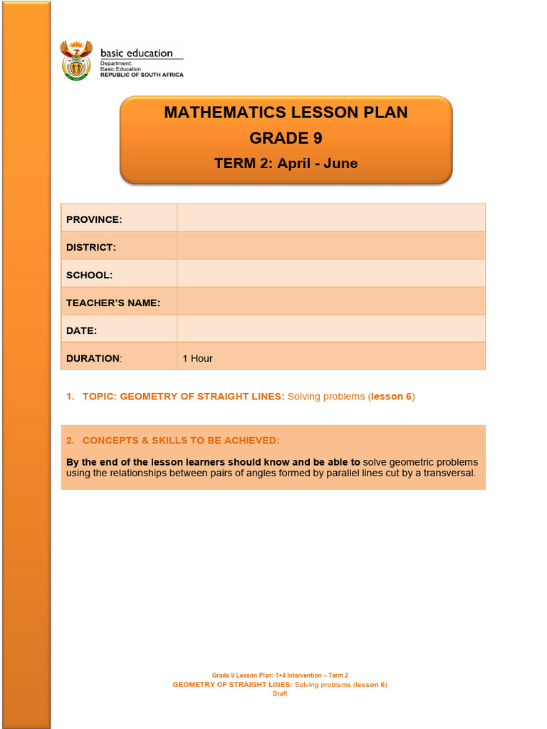 Geometry of Straight Lines Term 2 Lesson 6 Grade 9 | PDF | Angle | Line ...