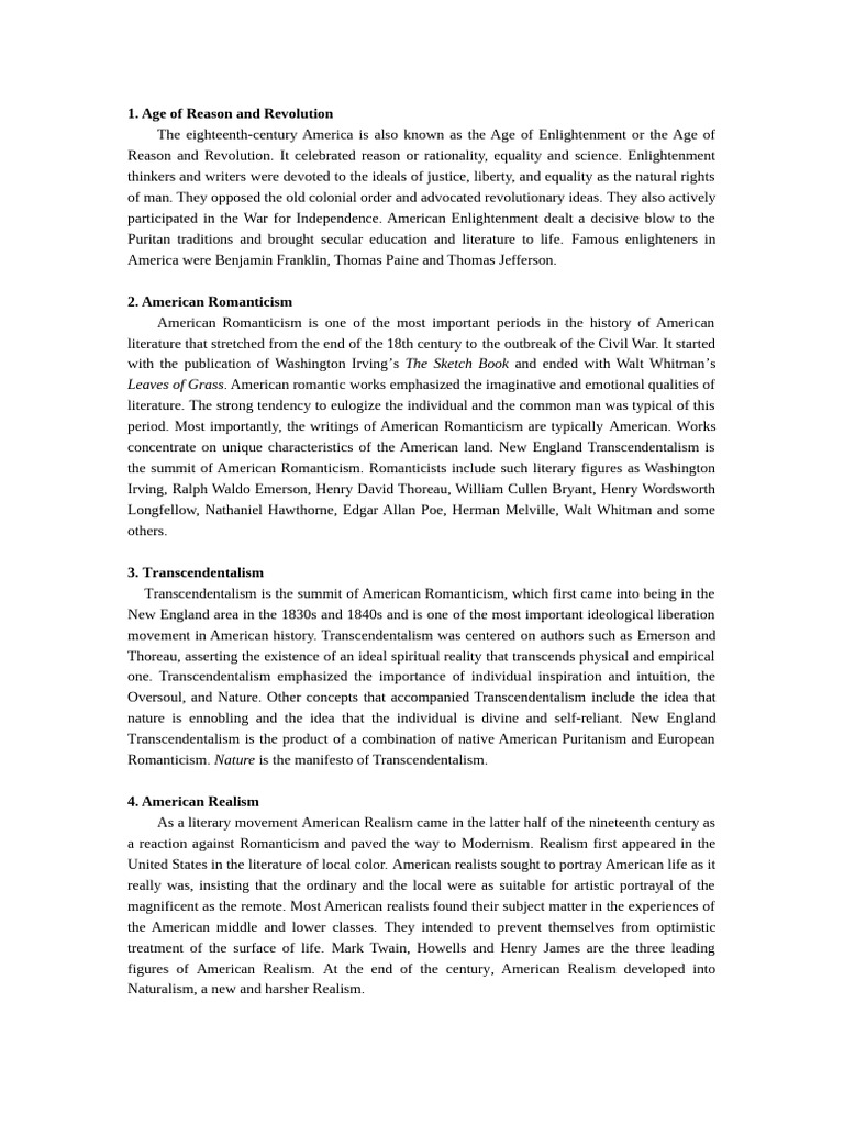 American Literary Movements Overview | PDF | Romanticism ...