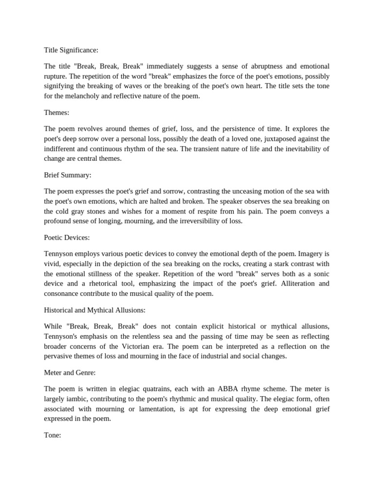 Critical Analysis of Break Break Break | PDF | Poetry | Poetics