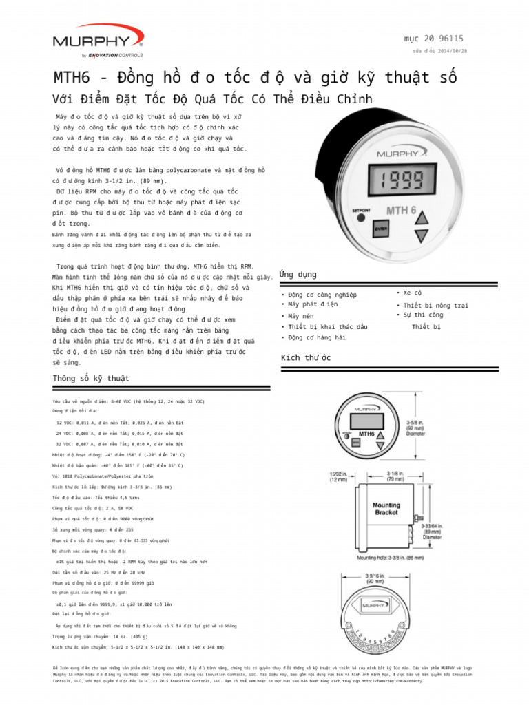 Murphy Mth6 Digital Tachometer | PDF