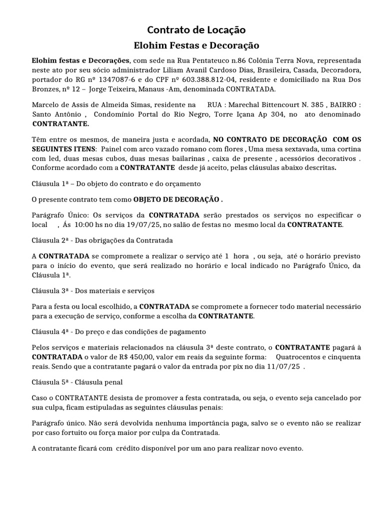 Contrato de Locação para Decoração de Eventos | PDF