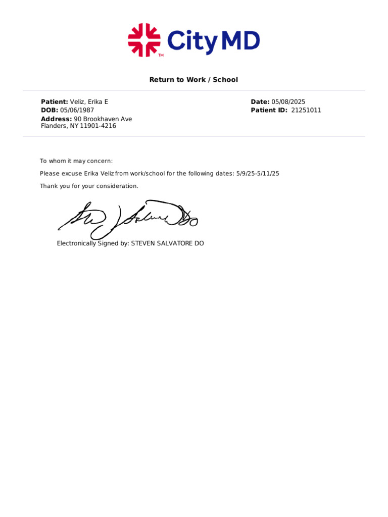 CityMD Return to Work Letter | PDF