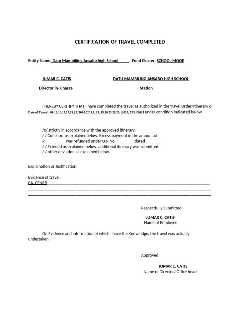 Travel Certification for Datu Mambiliing School | PDF