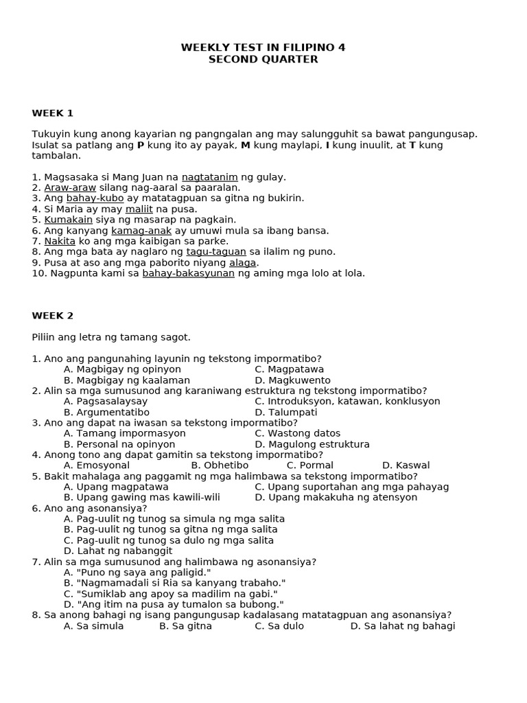 q2 Weekly Test in Filipino 4 | PDF