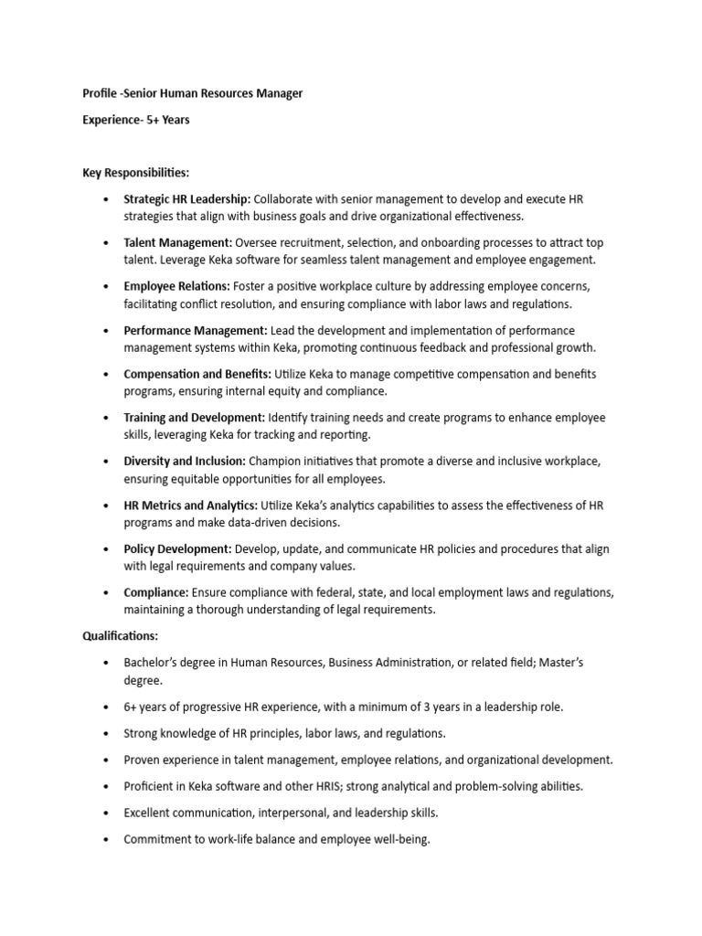 JD - Senior Human Resource | PDF