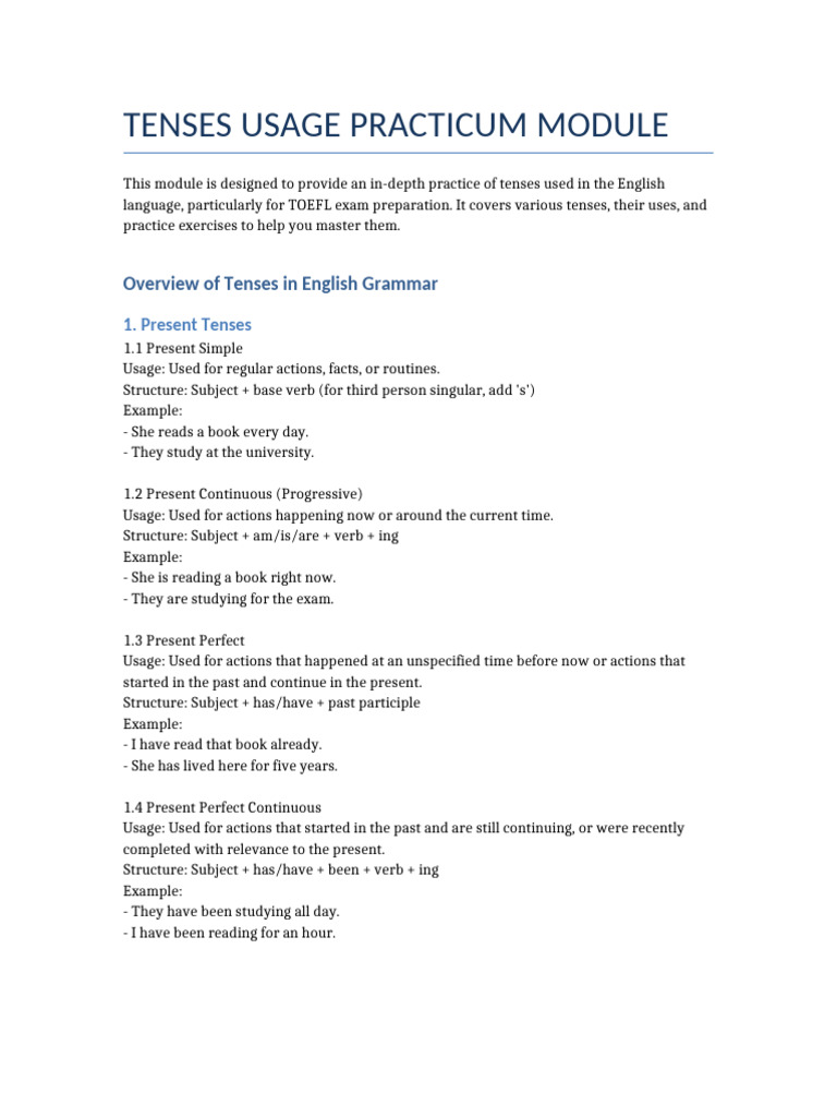 Tenses Usage Practicum Module | PDF | Perfect (Grammar) | Syntax
