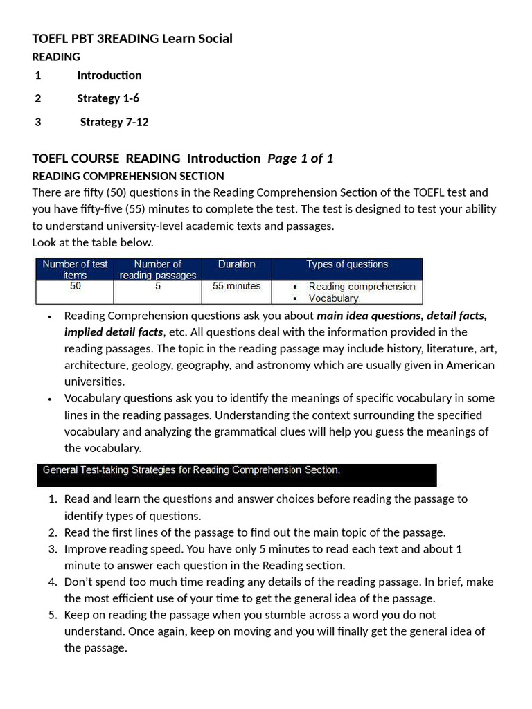 TOEFL Reading Comprehension Strategies | PDF | Reading Comprehension