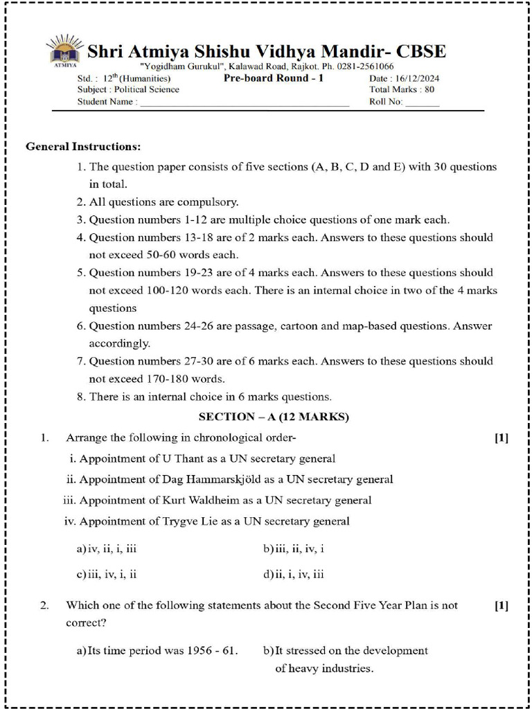 12th Political Science Pre Board - 1 24-25 P-1 | PDF