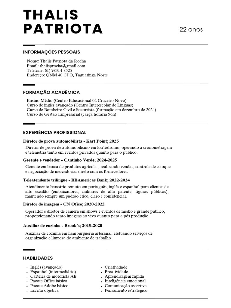 Currículo de Thalis Patriota: Teleatendente e Diretor | PDF
