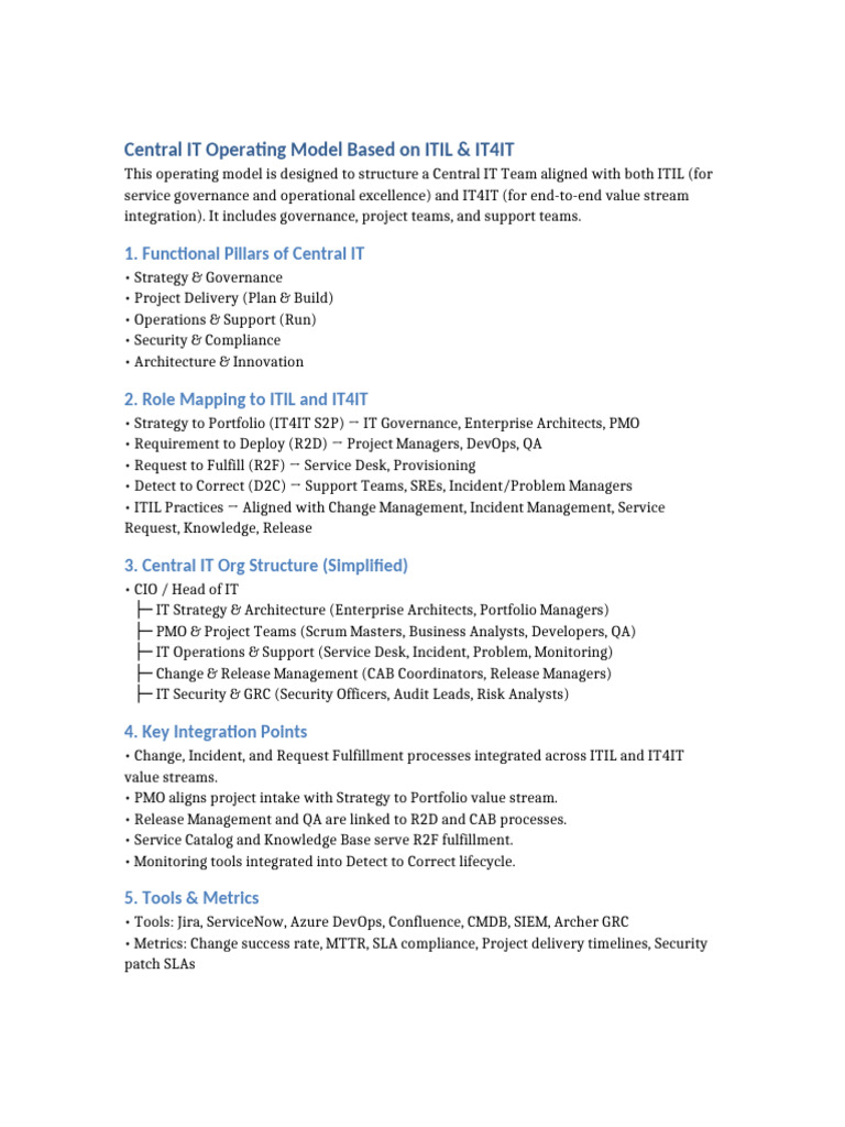 ITIL & IT4IT Central IT Model Overview | PDF
