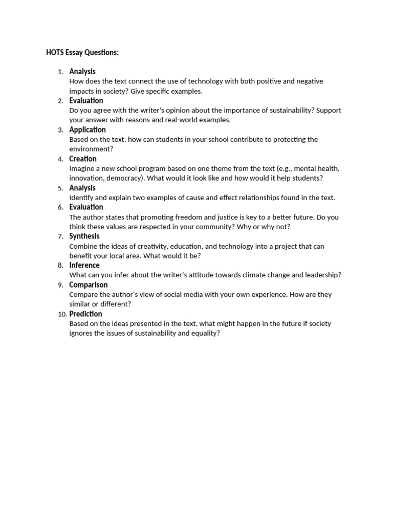 HOTS Essay and MC Questions Guide | PDF | Creativity | Sustainability