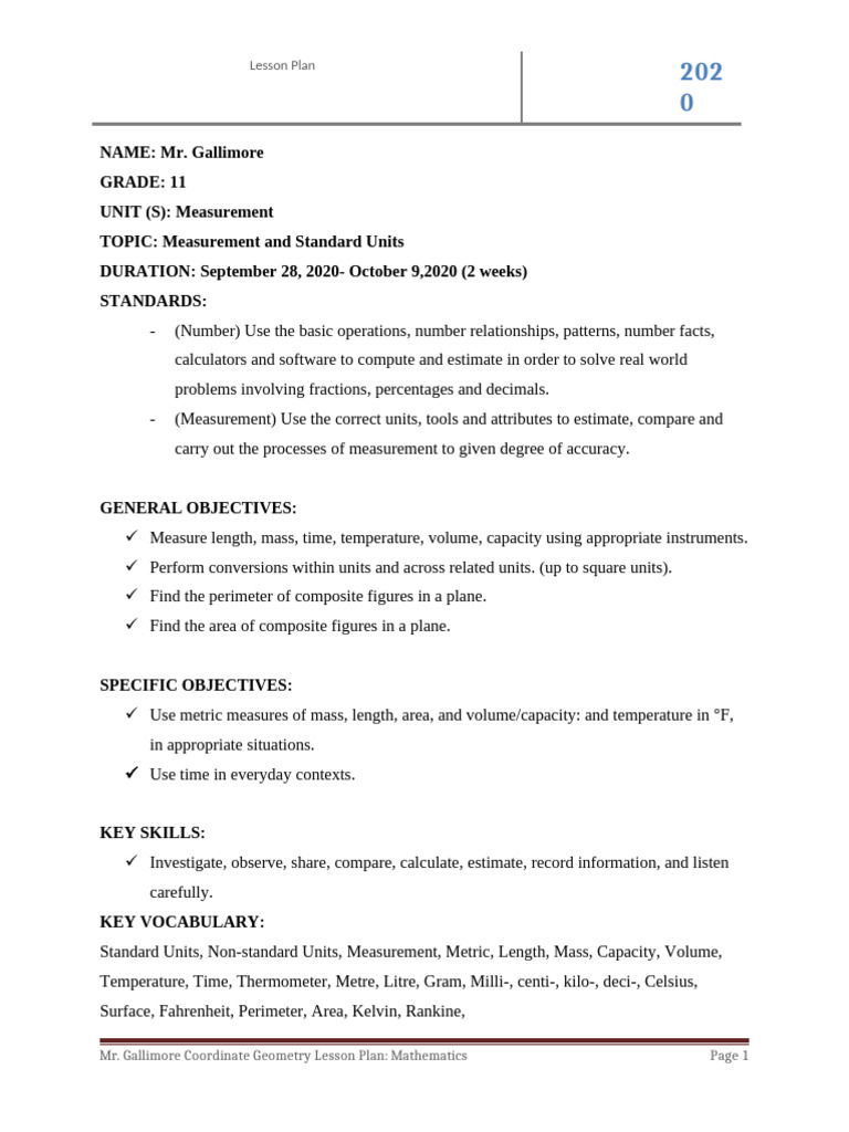 Measurement Unit Lesson Plan for Grade 11 | PDF | Area | Measurement