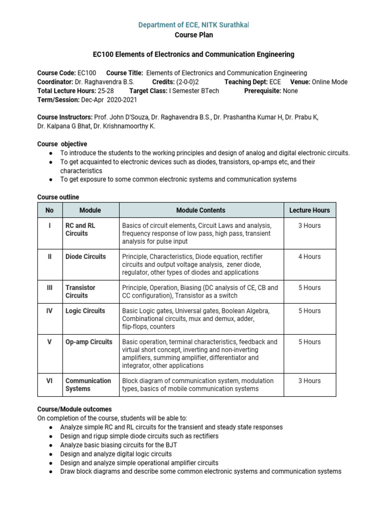 EC100 Course Plan - NITK ECE | PDF | Electronic Engineering | Diode