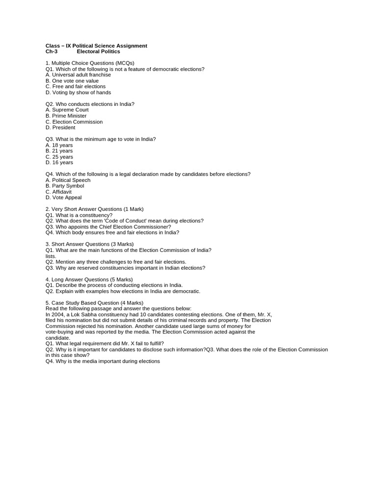Pol - Science Ch-3 Assignment | PDF
