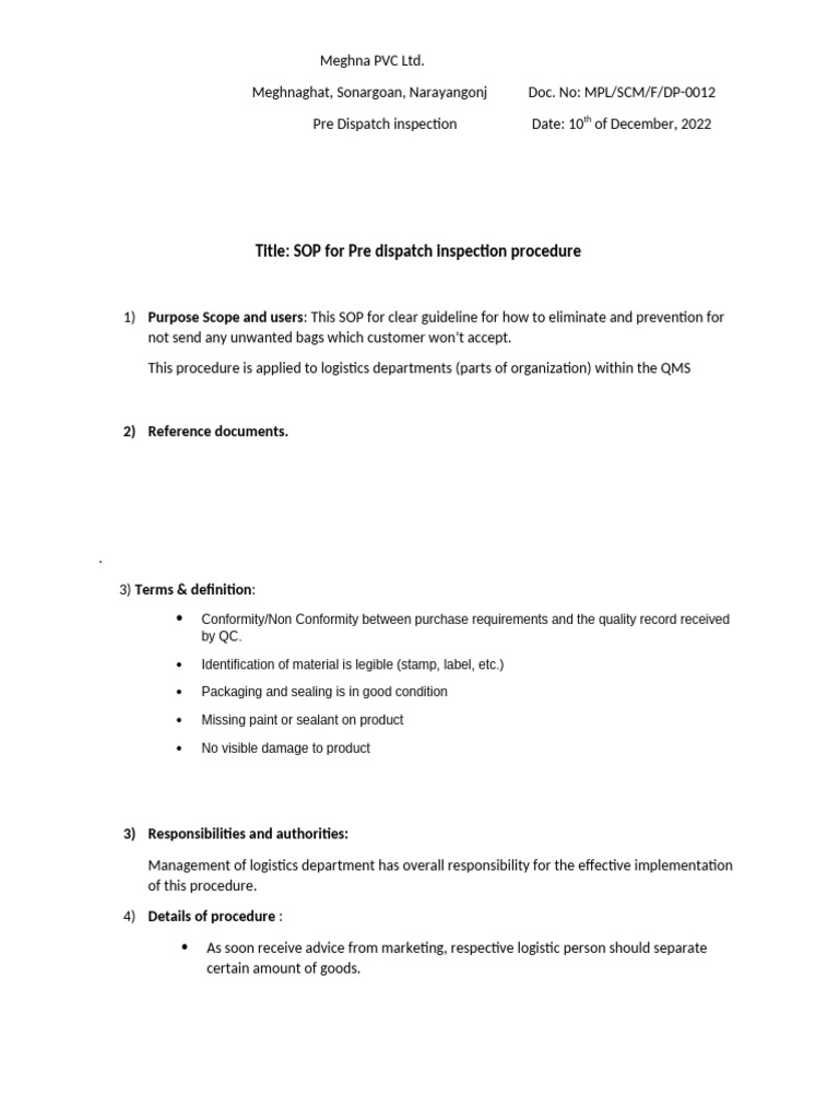 Pre Dispatch Inspection Procedure | PDF