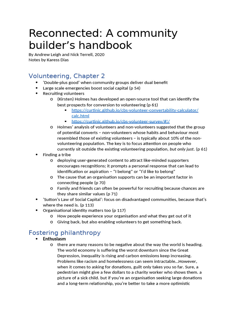 Reconnected - A Community Builders Handbook | PDF | Philanthropy
