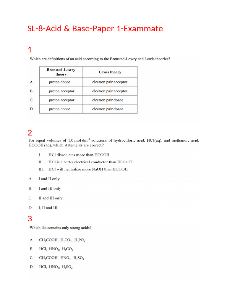 IBDP Chemistry Acids and bases-MCQ | PDF