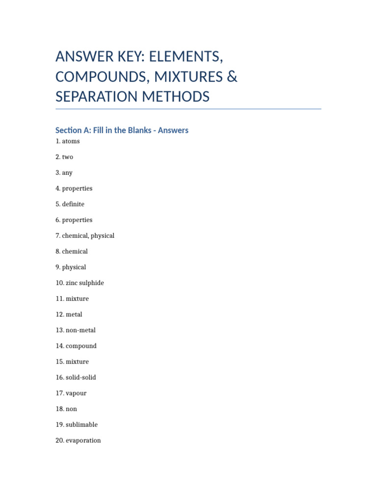 Answer Key Elements Mixtures Separation | PDF